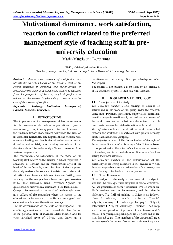 (PDF) Motivational dominance, work satisfaction, reaction to conflict ...