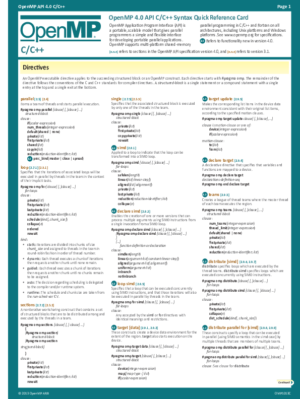 Pdf Openmp 4 0 Api C C Syntax Quick Reference Card C C