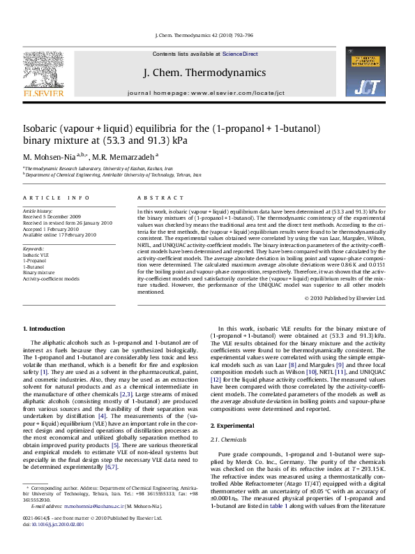 (PDF) Isobaric (vapour+liquid) equilibria for the (1-propanol+1-butanol ...