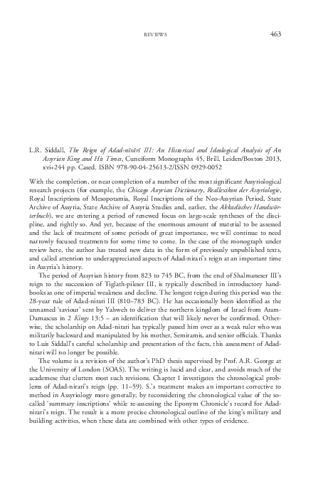 (PDF) Review of Luis Robert Siddall, The Reign of Adad-nīrārī III: An ...