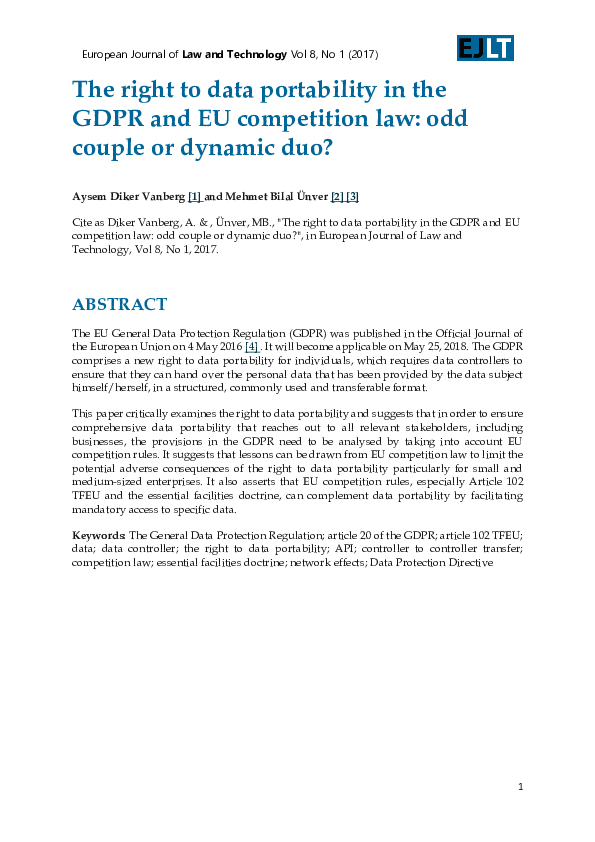 (PDF) The right to data portability in the GDPR and EU competition law ...