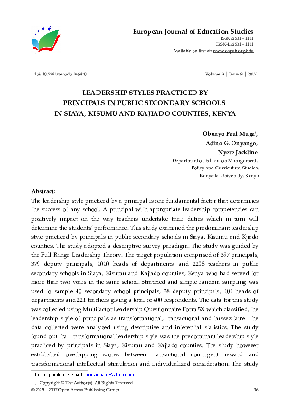 (DOC) LEADERSHIP STYLES PRACTICED BY PRINCIPALS IN PUBLIC SECONDARY ...