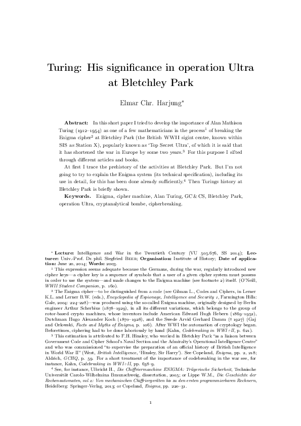 (PDF) Turing: His significance in operation Ultra at Bletchley Park [2014]
