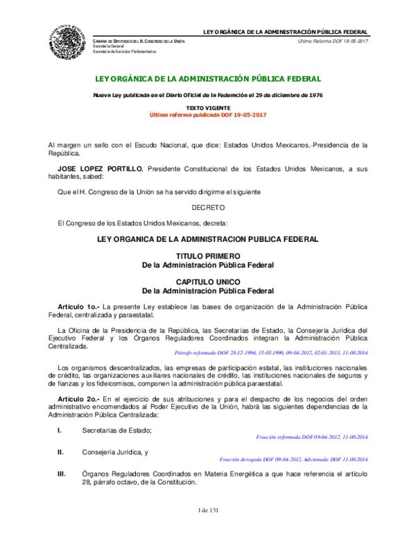 (PDF) LEY ORGÁNICA DE LA ADMINISTRACIÓN PÚBLICA FEDERAL LEY ORGÁNICA DE ...