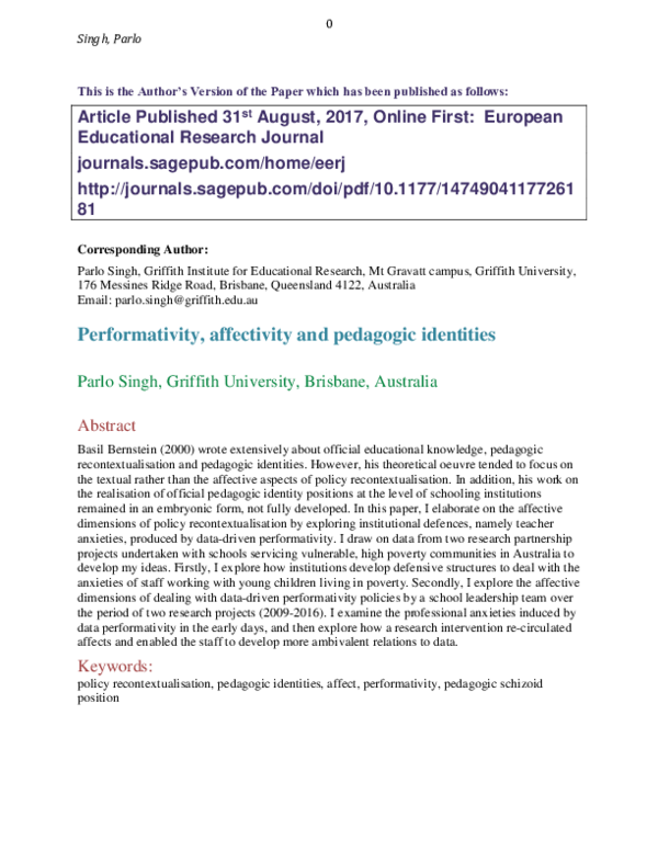 (PDF) Performativity, affectivity and pedagogic identities