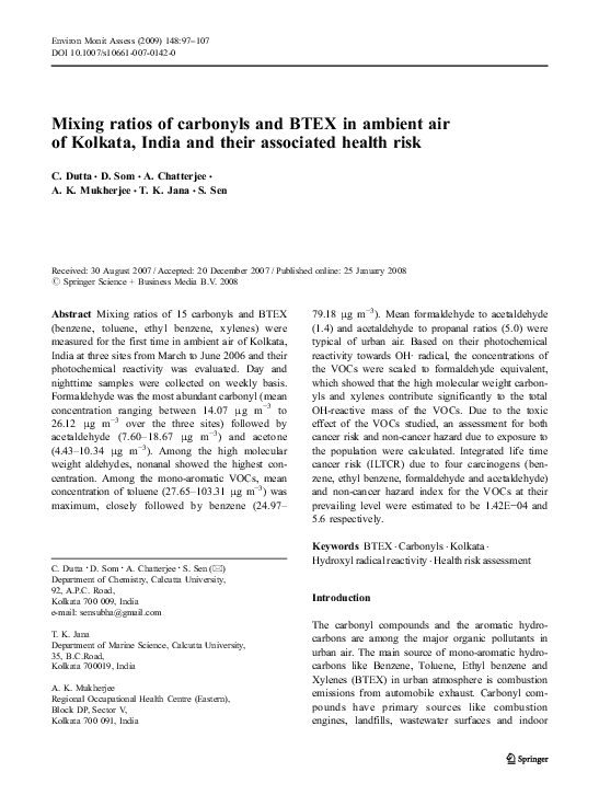 (PDF) Mixing ratios of carbonyls and BTEX in ambient air of Kolkata ...