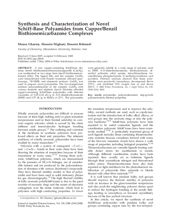 (PDF) Synthesis and characterization of novel Schiff-base polyamides from copper/benzil ...