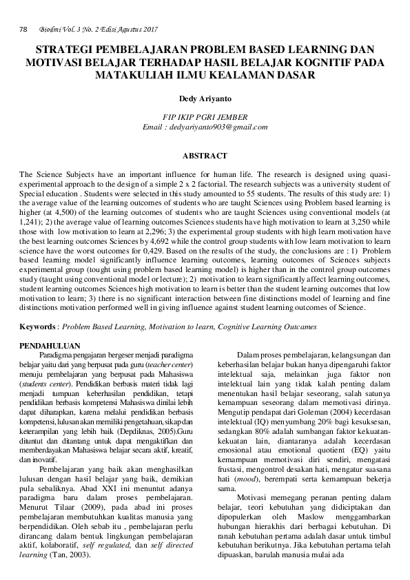 (PDF) STRATEGI PEMBELAJARAN PROBLEM BASED LEARNING DAN MOTIVASI BELAJAR TERHADAP HASIL BELAJAR ...