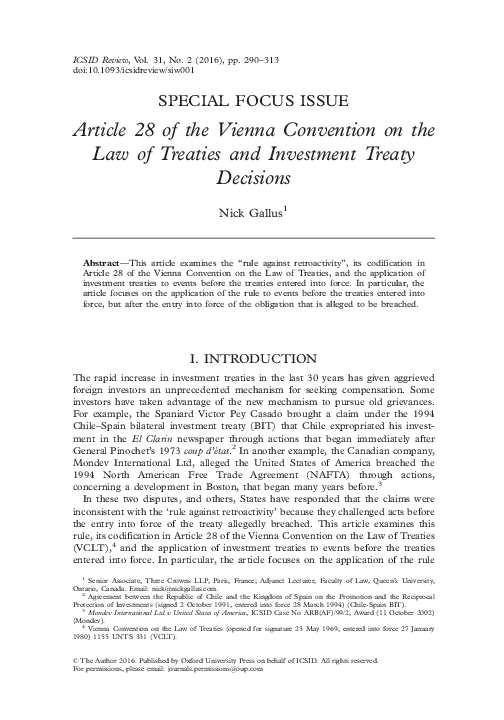 (PDF) ICSID Review, Art 28 of the VCLT and Investment Treaty Decisions