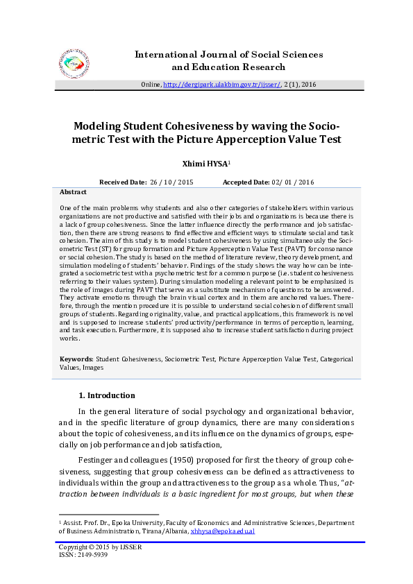 (PDF) Modeling Student Cohesiveness by waving the Socio- metric Test ...