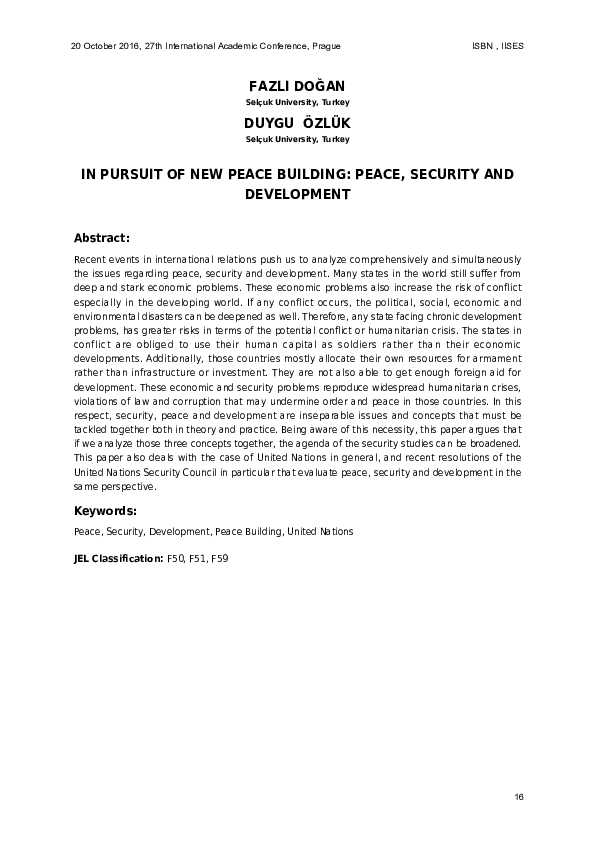 (PDF) IN PURSUIT OF NEW PEACE BUILDING: PEACE, SECURITY AND DEVELOPMENT
