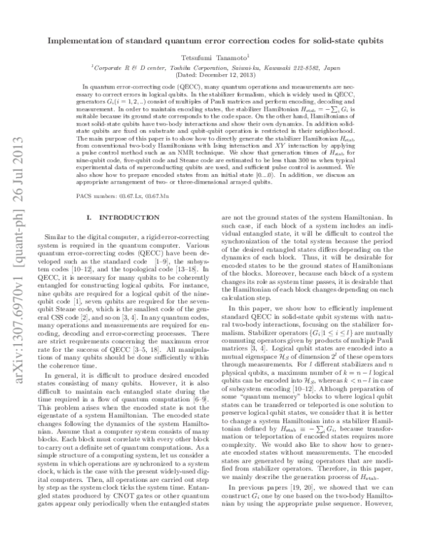 Pdf Implementation Of Standard Quantum Error Correction Codes For Solid State Qubits