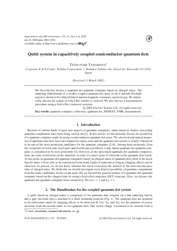 (PDF) Qubit system in capacitively coupled semiconductor quantum dots | Tetsufumi Tanamoto ...