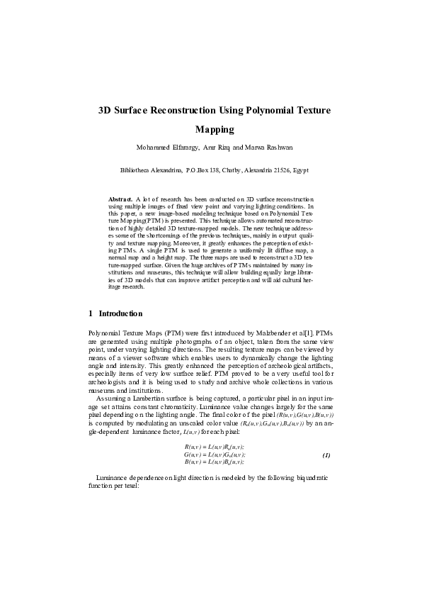 Pdf 3d Surface Reconstruction Using Polynomial Texture Mapping