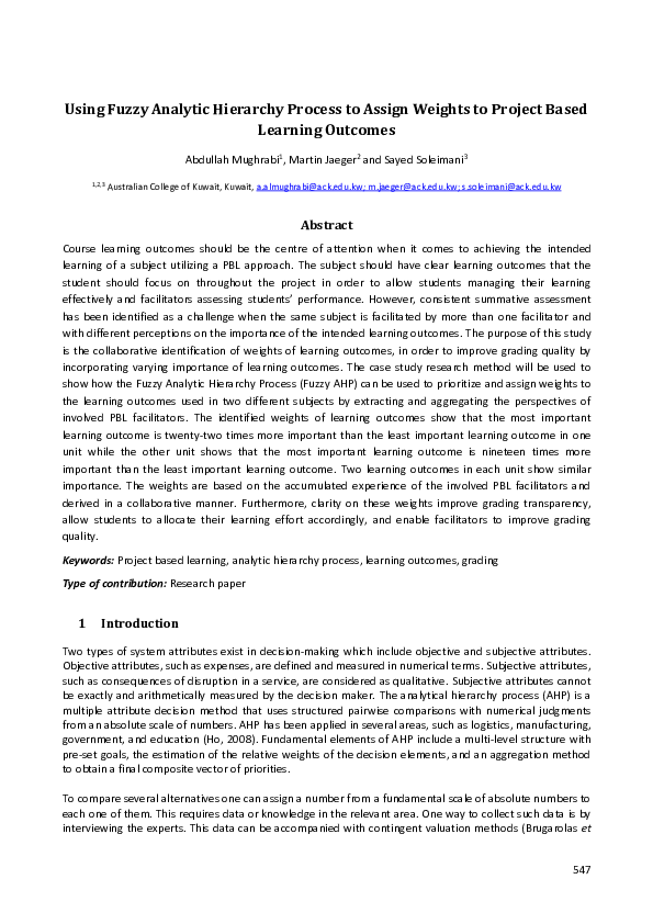 Pdf Using Fuzzy Analytic Hierarchy Process To Assign Weights To Project Based Learning Outcomes