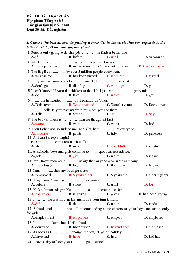 (DOC) H c ph n: Ti ng Anh 2 Th i gian làm bài: 50 phút