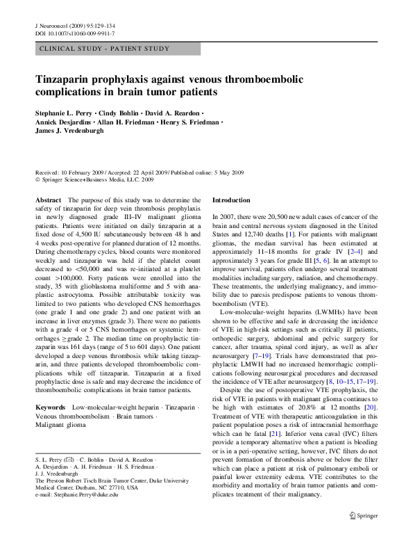 (PDF) Tinzaparin prophylaxis against venous thromboembolic complications in brain tumor patients