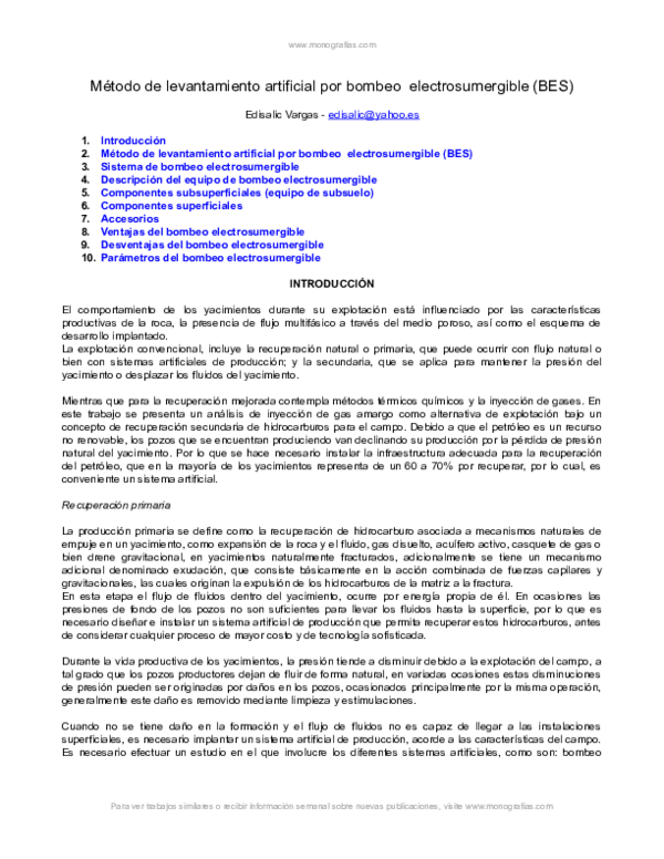 (DOC) Método de levantamiento artificial por bombeo electrosumergible (BES
