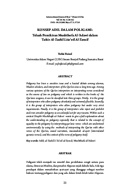 (PDF) Konsep Adil dalam Poligami: Telaah Pemikiran Mushthofa Al-'Adawï dalam Tafsir Al-Tashïl ...
