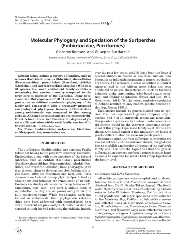 (PDF) Molecular phylogeny and speciation of the surfperches ...
