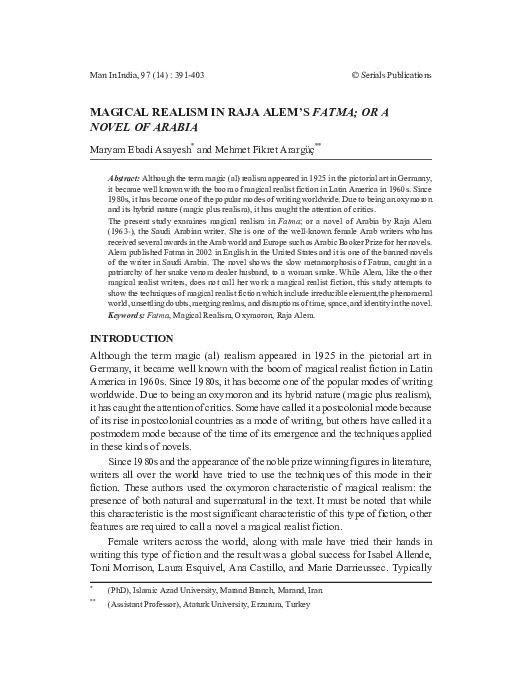 (PDF) MAGICAL REALISM IN RAJA ALEM'S FATMA; OR A NOVEL OF ARABIA