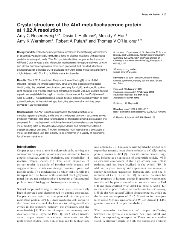 (PDF) Crystal structure of the Atx1 metallochaperone protein at 1.02 Å ...