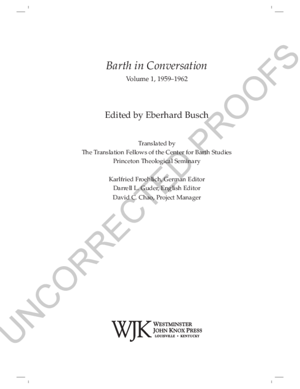 (PDF) Barth, Karl. Barth in Conversation: Volume 1, 1959-1962. Edited ...