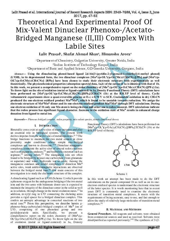 (PDF) Theoretical And Experimental Proof Of Mix-Valent Dinuclear Phenoxo-/Acetato- Bridged ...