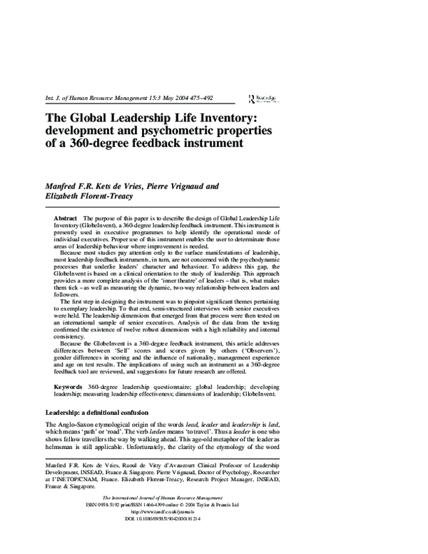 (PDF) The Global Leadership Life Inventory: development and ...
