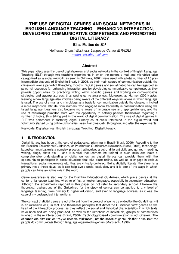 (PDF) The Use of Digital Genres and Social Networks in English Language ...