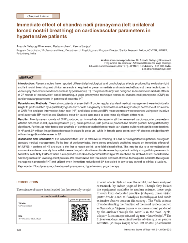 (PDF) Immediate effect of chandra nadi pranayama (left unilateral ...