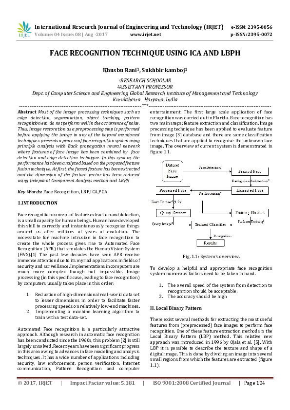 (PDF) FACE RECOGNITION TECHNIQUE USING ICA AND LBPH (PDF) FACE RECOGNITION TECHNIQUE USING ICA AND LBPH