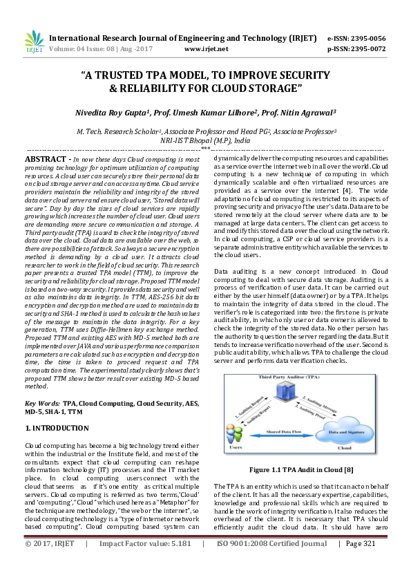 (PDF) " A TRUSTED TPA MODEL, TO IMPROVE SECURITY & RELIABILITY FOR ...