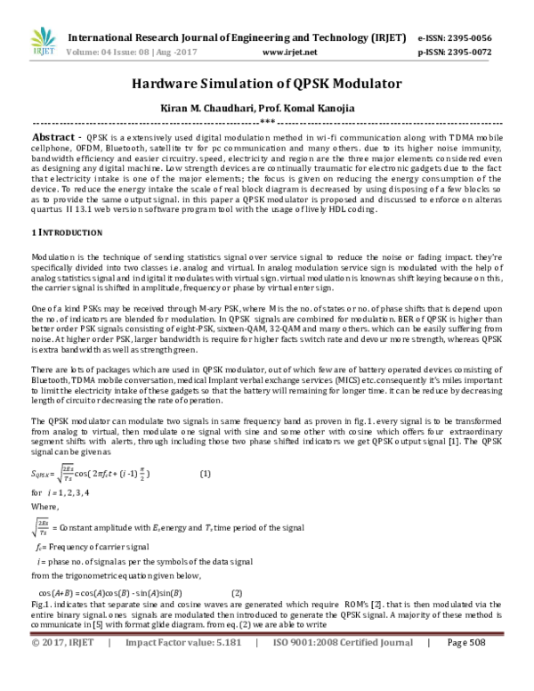 Pdf Hardware Simulation Of Qpsk Modulator
