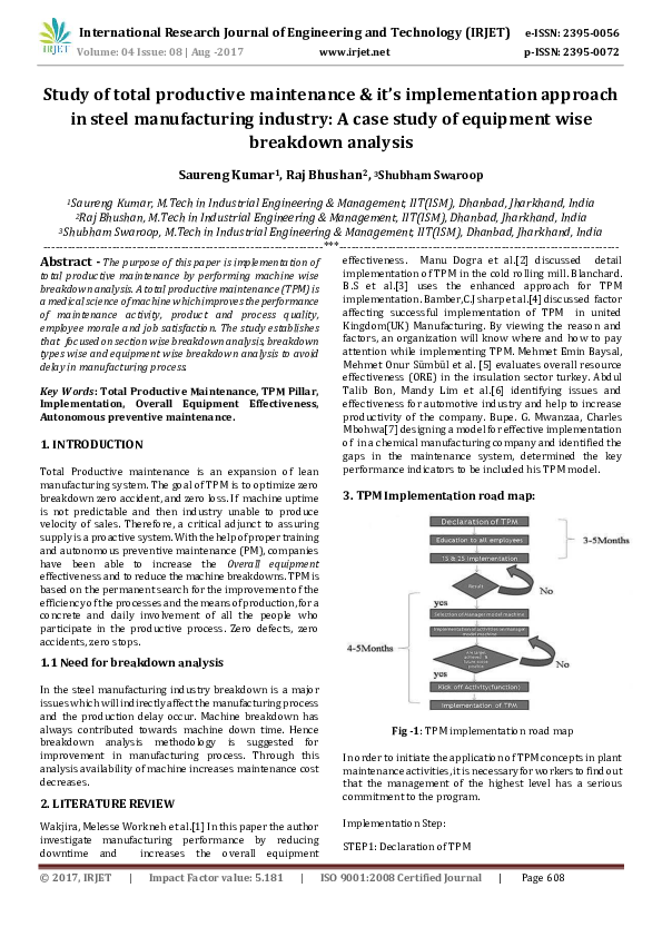 (PDF) Study of total productive maintenance & it's implementation ...