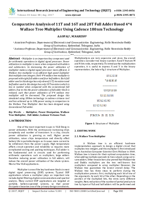 (PDF) Comparative Analysis of 11T and 16T and 28T Full Adder Based 4*4 Wallace Tree Multiplier ...