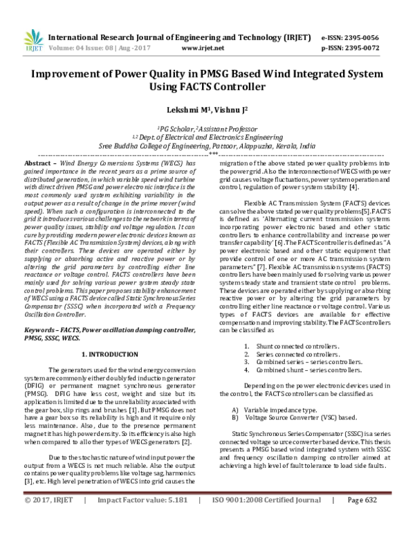 Pdf Improvement Of Power Quality In Pmsg Based Wind Integrated System