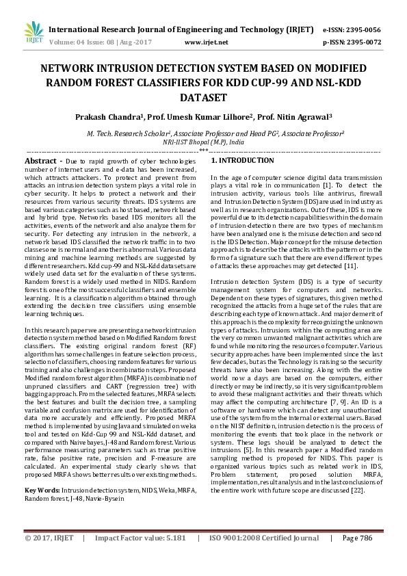 Pdf Network Intrusion Detection System Based On Modified Random Forest Classifiers For Kdd Cup