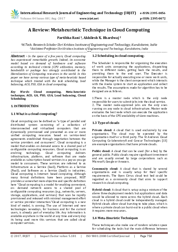 Pdf A Review Metaheuristic Technique In Cloud Computing