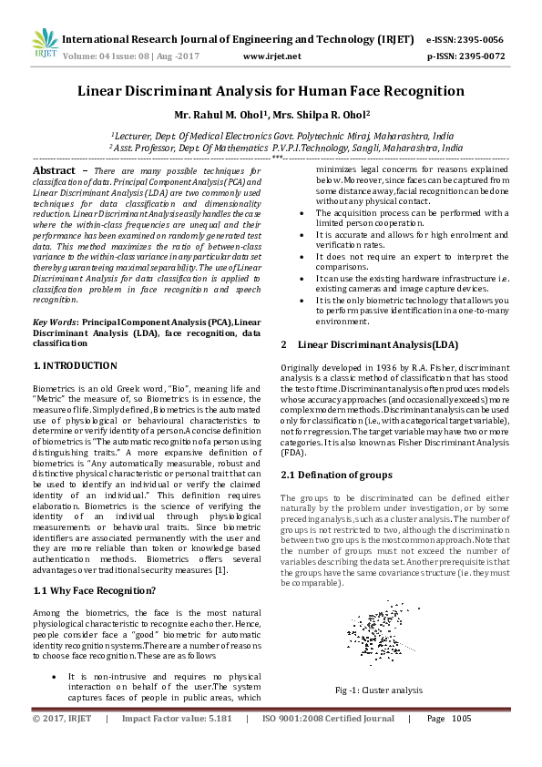 Pdf Linear Discriminant Analysis For Human Face Recognition Irjet Journal