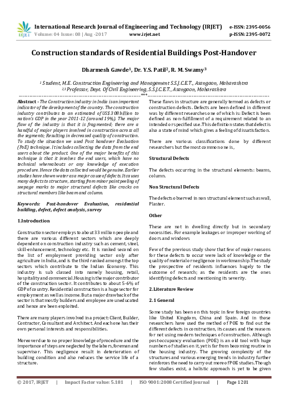 (PDF) Construction standards of Residential Buildings Post-Handover