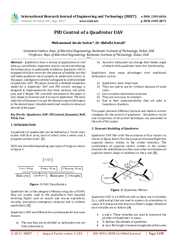 (PDF) PID Control of a Quadrotor UAV