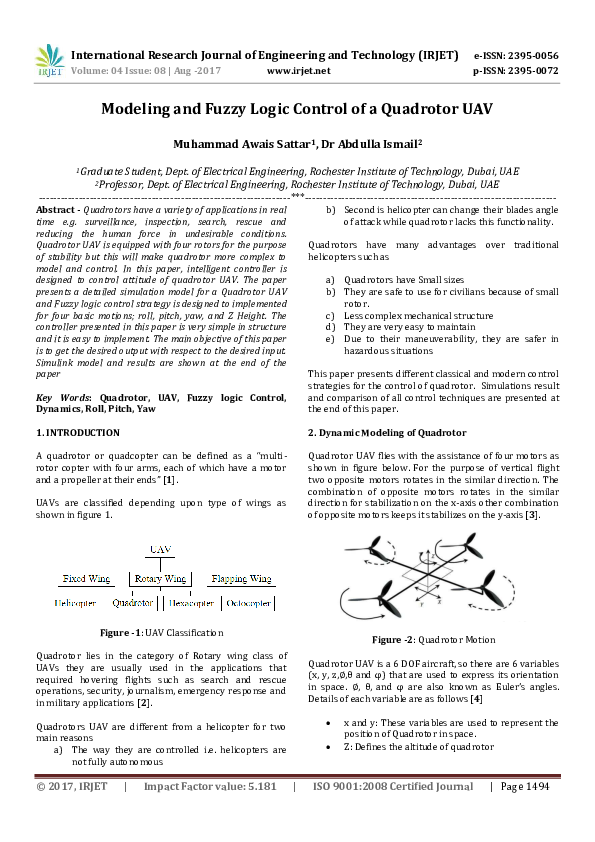 Pdf Modeling And Fuzzy Logic Control Of A Quadrotor Uav
