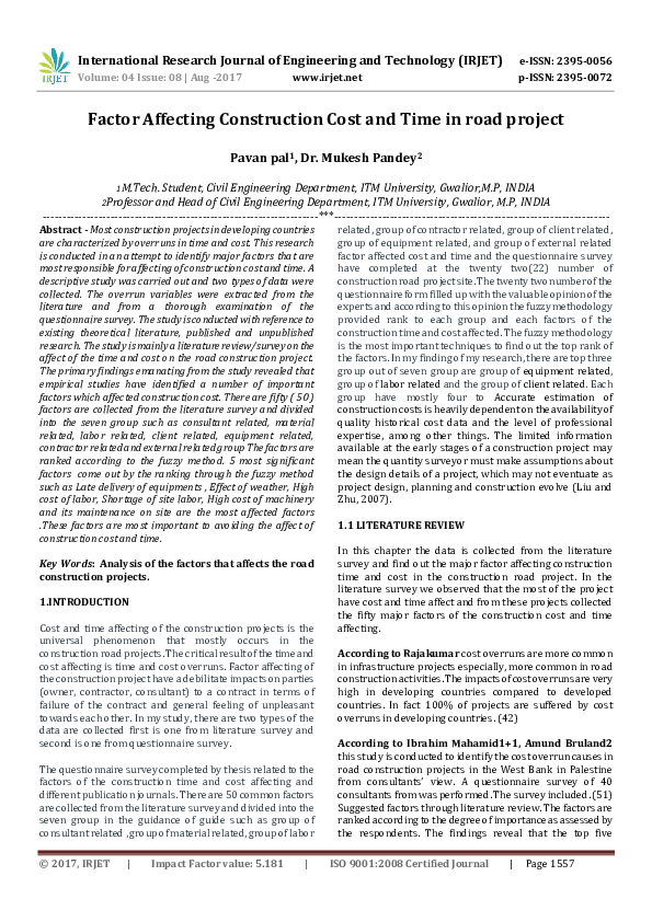 (PDF) Factor Affecting Construction Cost and Time in road project