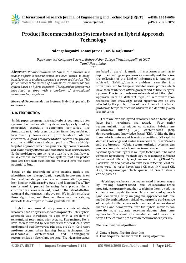 (PDF) Product Recommendation Systems based on Hybrid Approach Technology