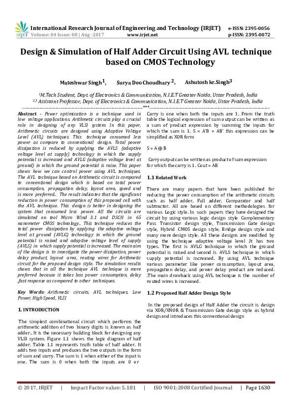 Pdf Design And Simulation Of Half Adder Circuit Using Avl Technique Based On Cmos Technology