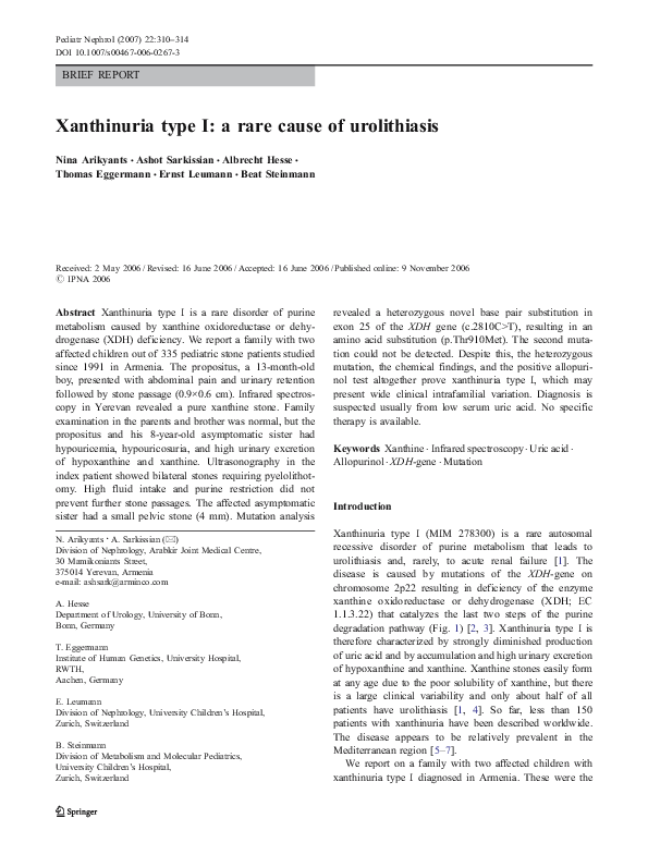 (PDF) Xanthinuria type I: a rare cause of urolithiasis