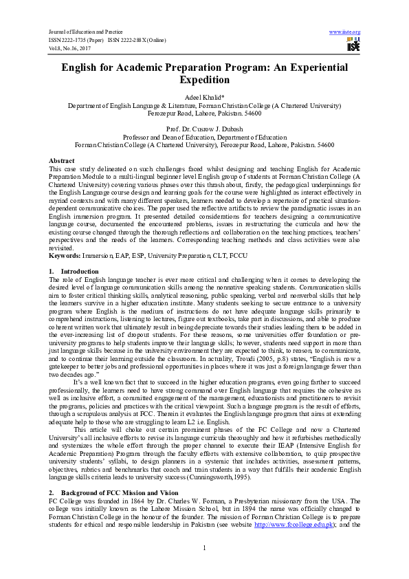 (PDF) English for Academic Preparation Program: An Experiential Expedition