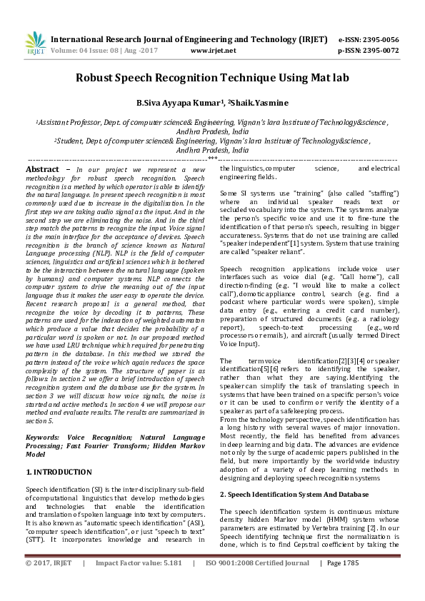 (PDF) Robust Speech Recognition Technique Using Mat lab | IRJET Journal - Academia.edu