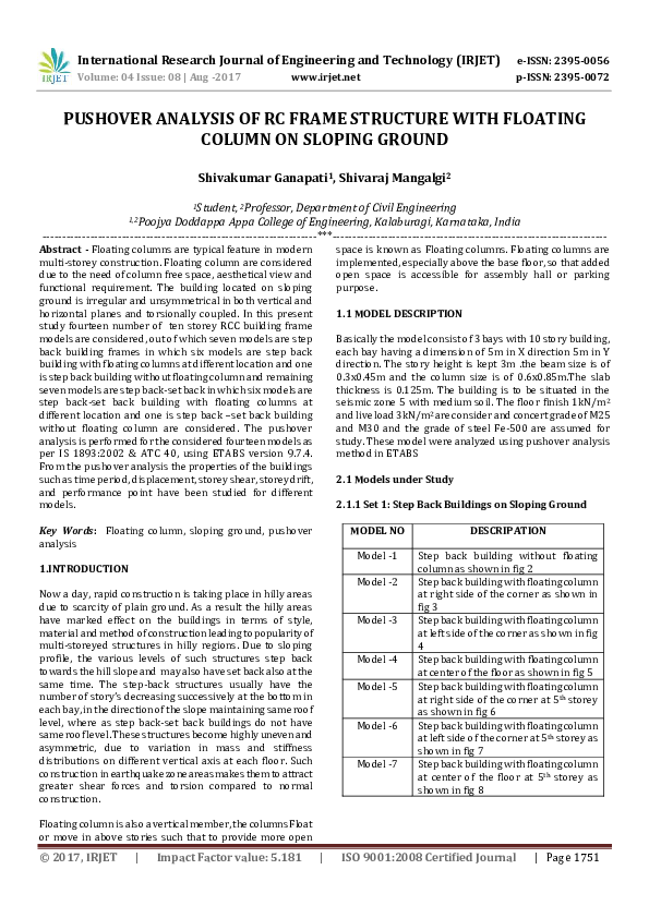 Pdf Pushover Analysis Of Rc Frame Structure With Floating Column On Sloping Ground Irjet
